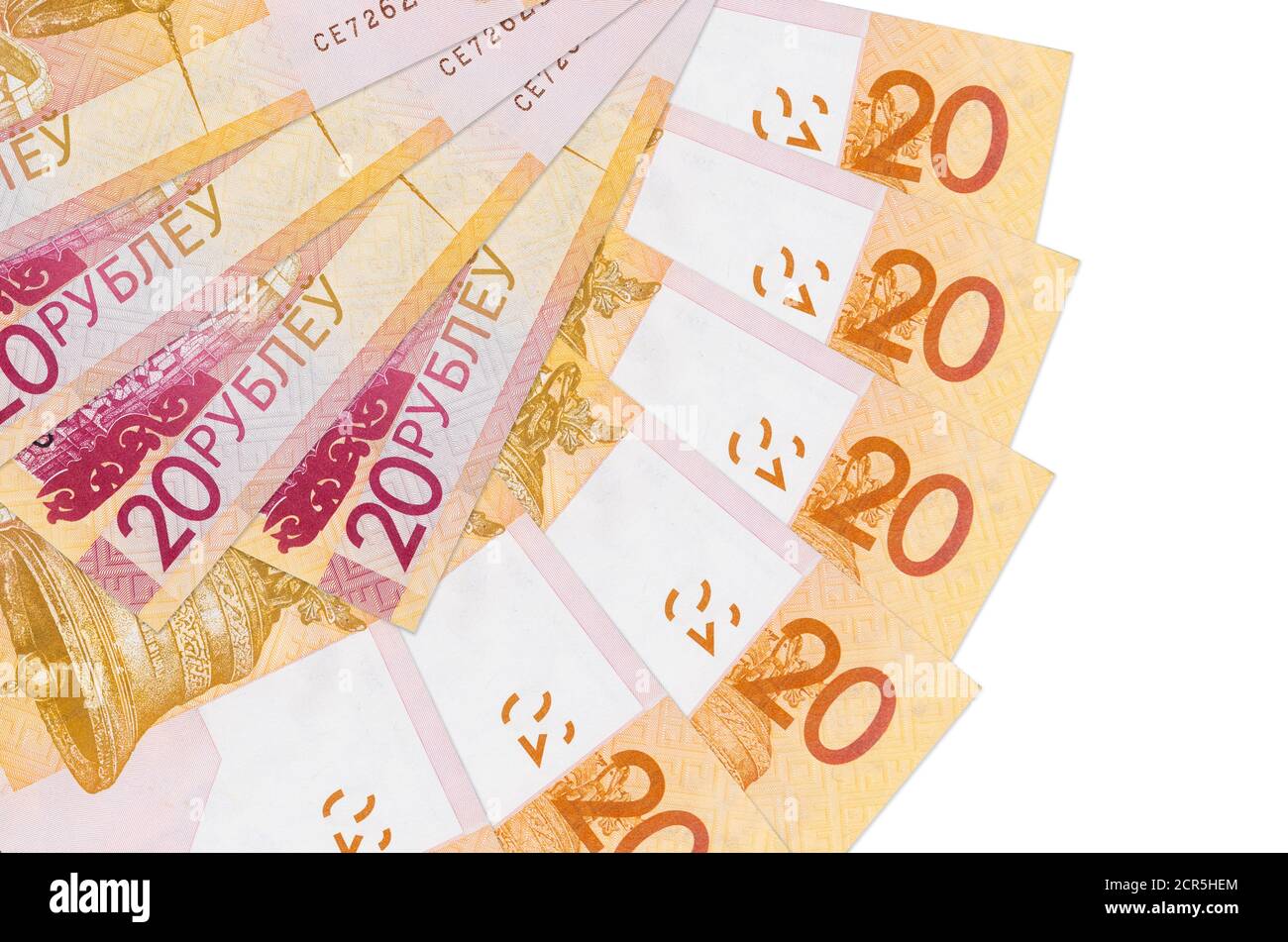 20 Belorussian rubles bills lies isolated on white background with copy ...