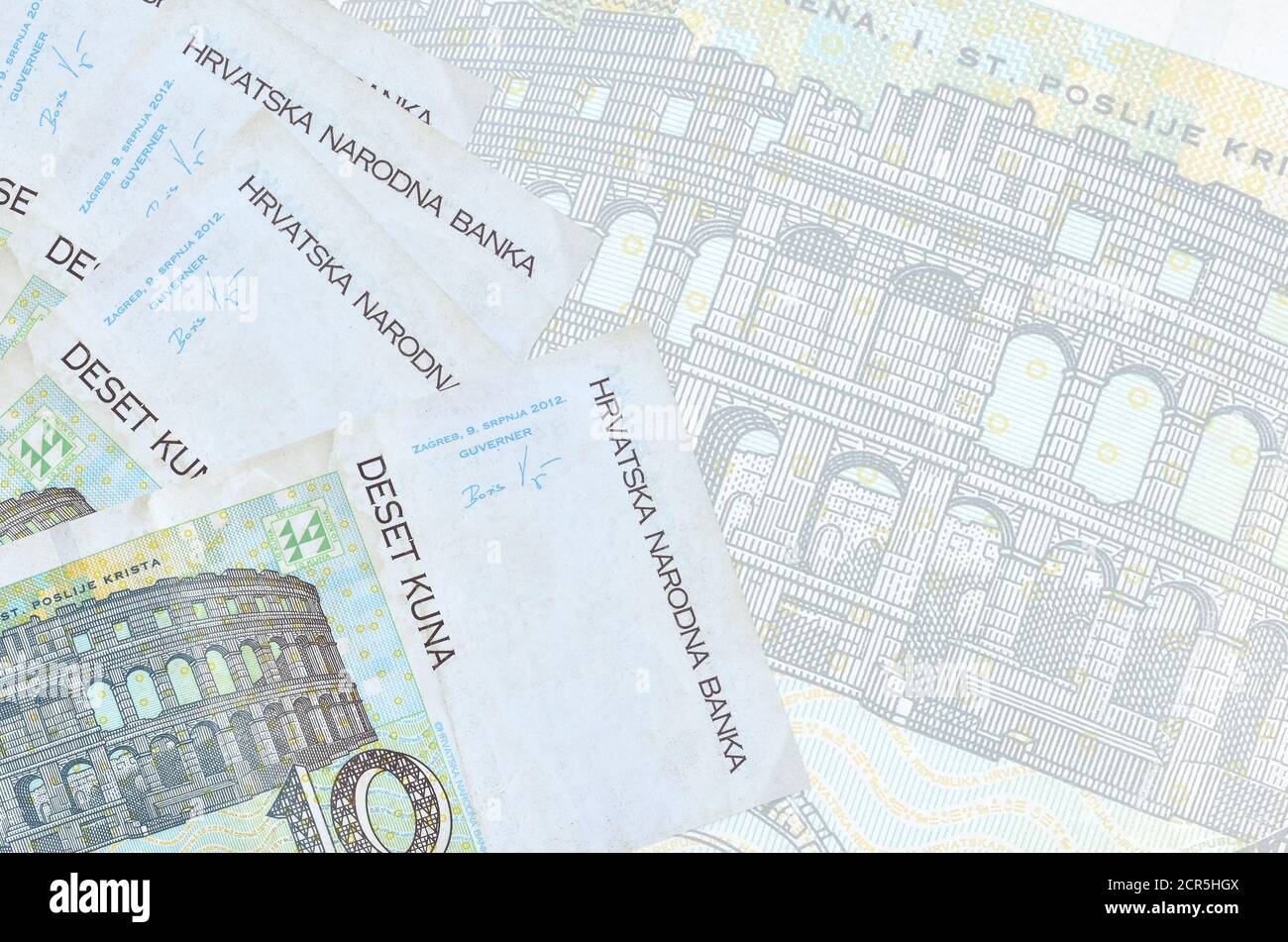 10 Croatian kuna bills lies in stack on background of big semi ...