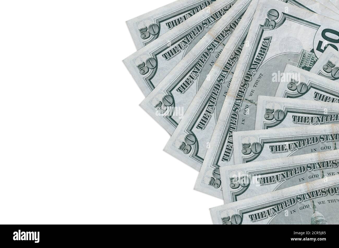 50 US dollars bills lies isolated on white background with copy space ...