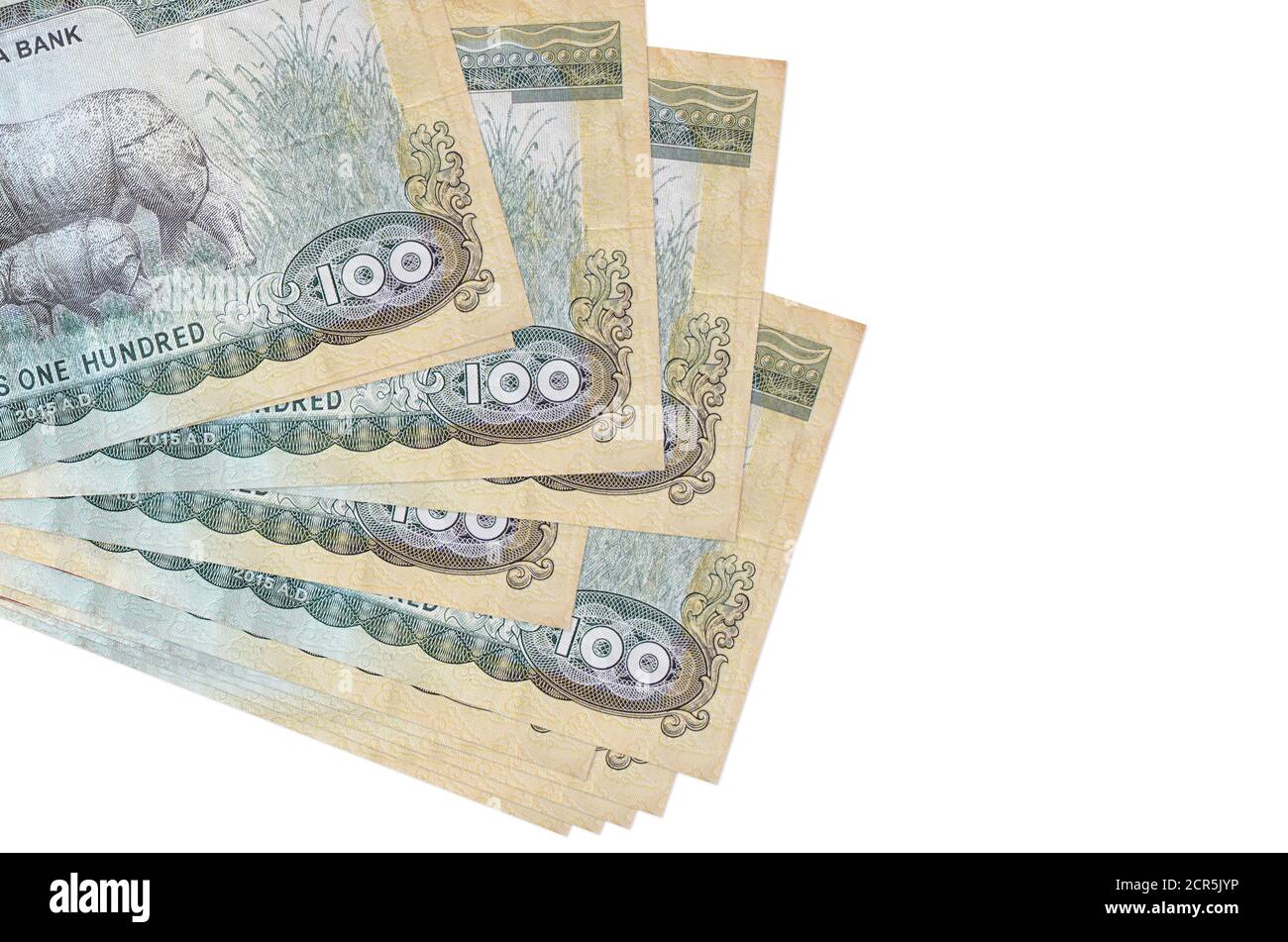100 Nepalese rupees bills lies in small bunch or pack isolated on white ...