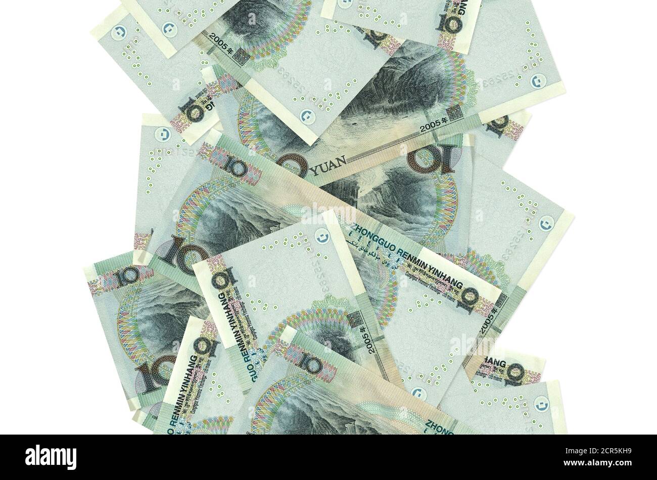 10 Chinese yuan bills flying down isolated on white. Many banknotes ...