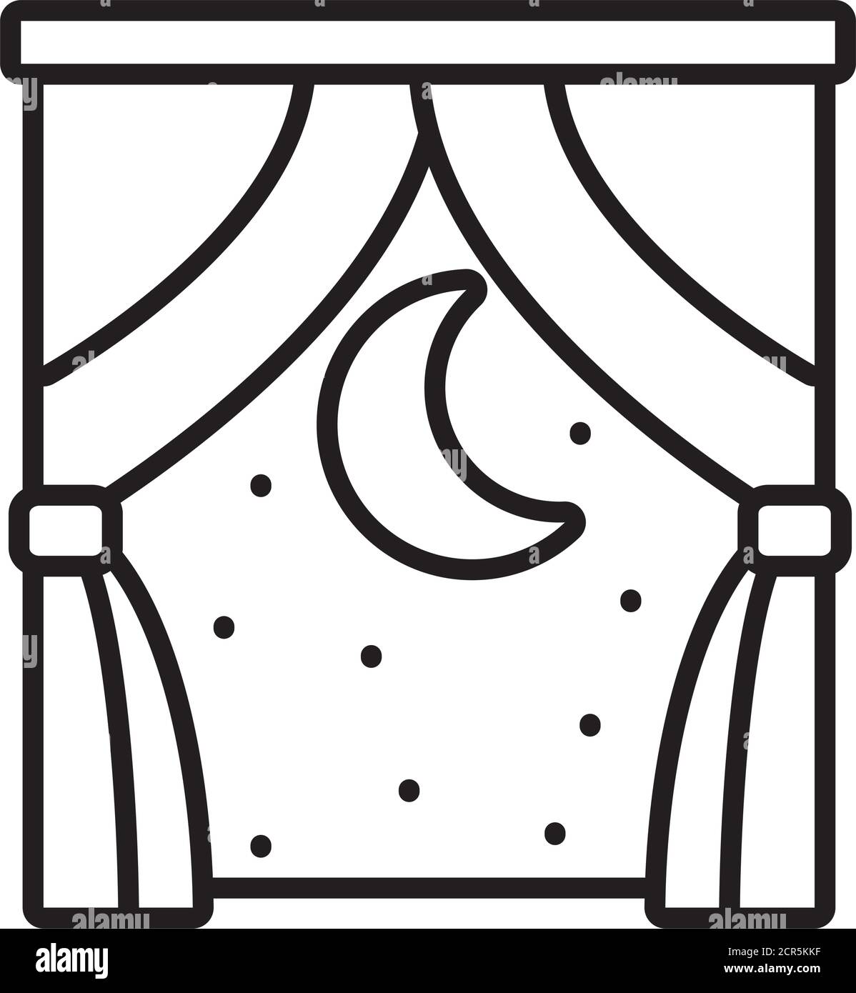 window with curtains and moon night view over white background, line ...