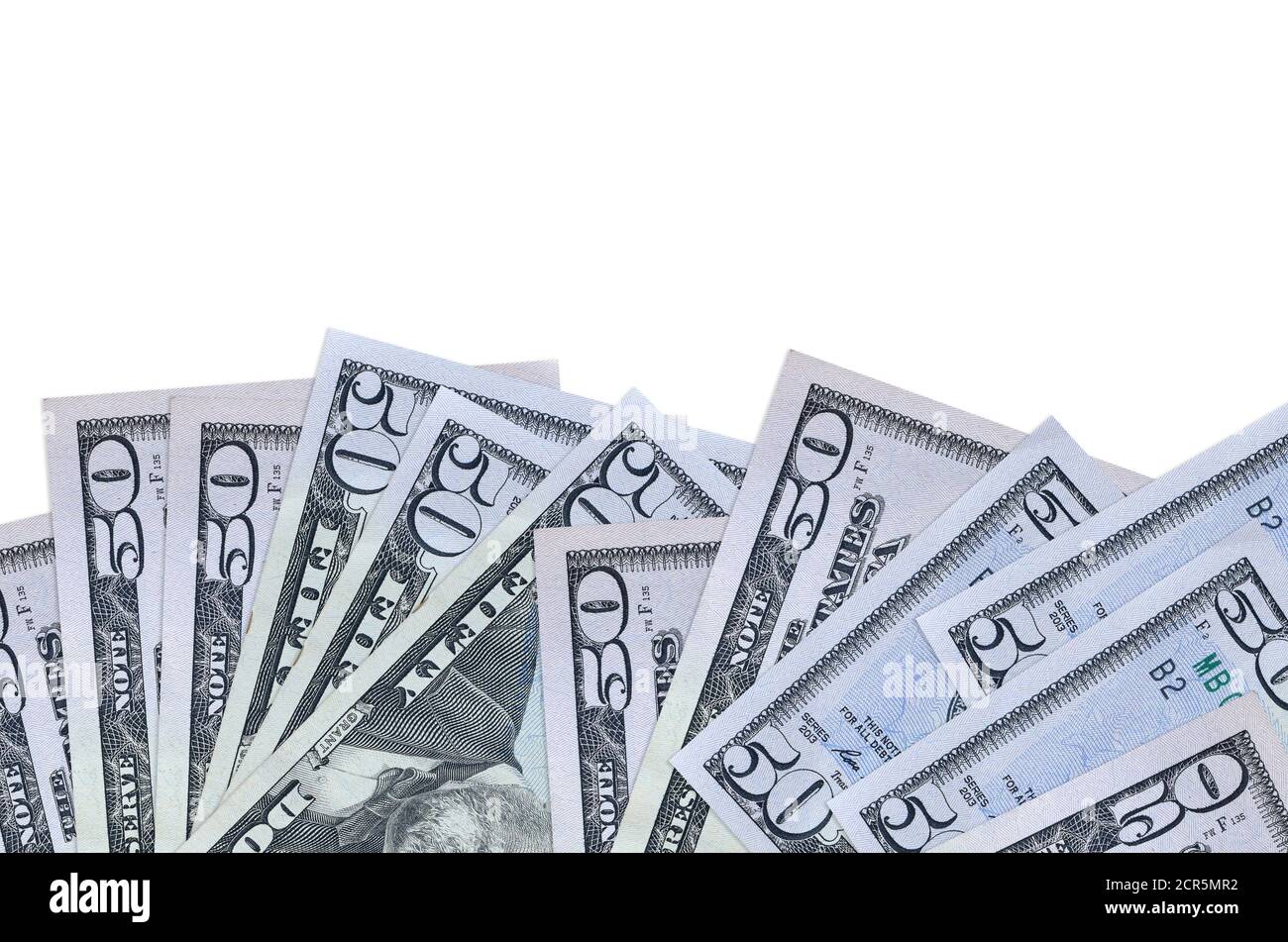 50 US dollars bills lies on bottom side of screen isolated on white ...