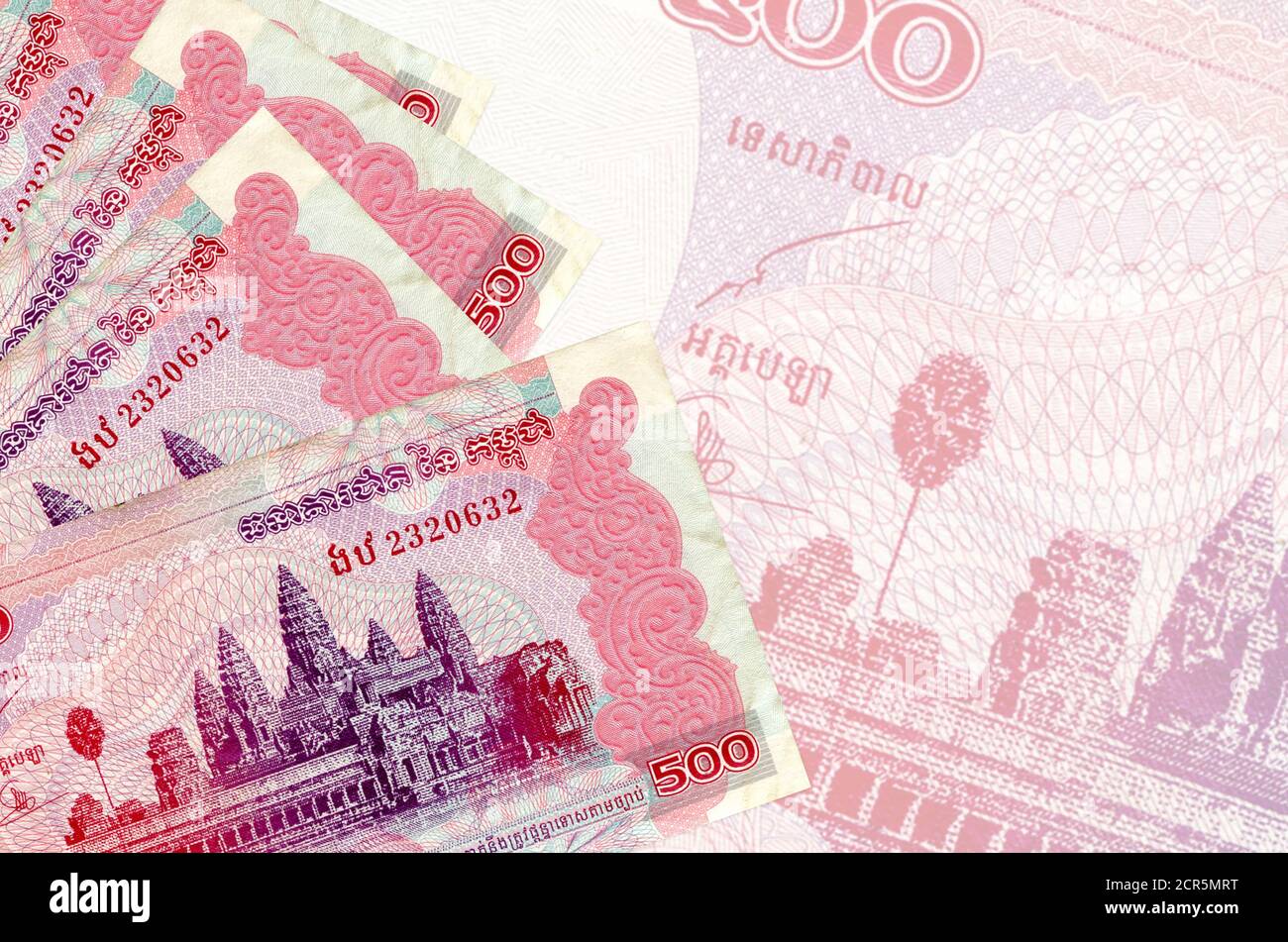 500 Cambodian riels bills lies in stack on background of big semi ...