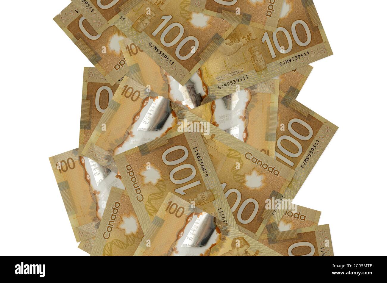 100 Canadian dollars bills flying down isolated on white. Many ...