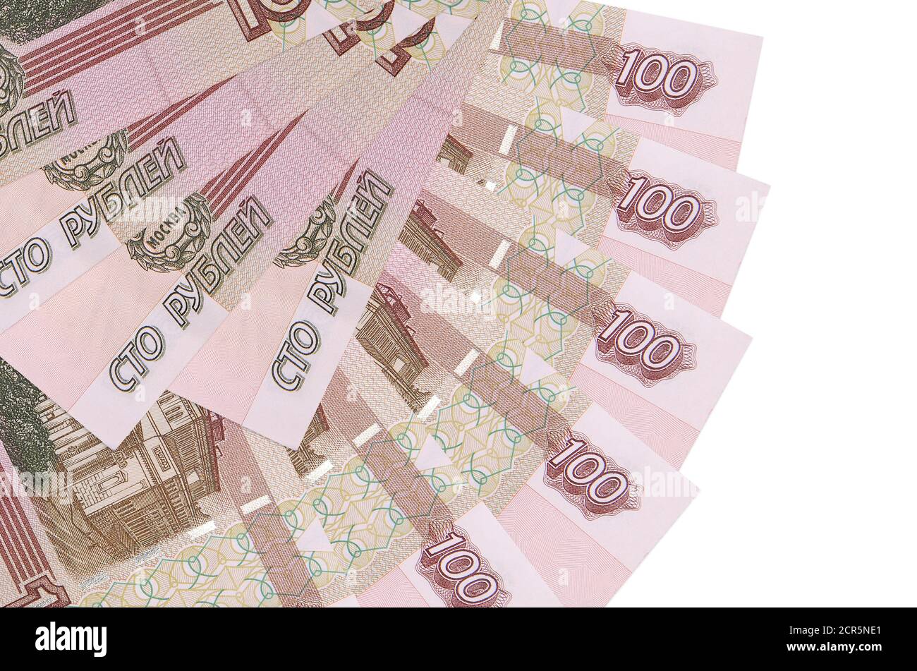 100 russian rubles bills lies isolated on white background with copy ...