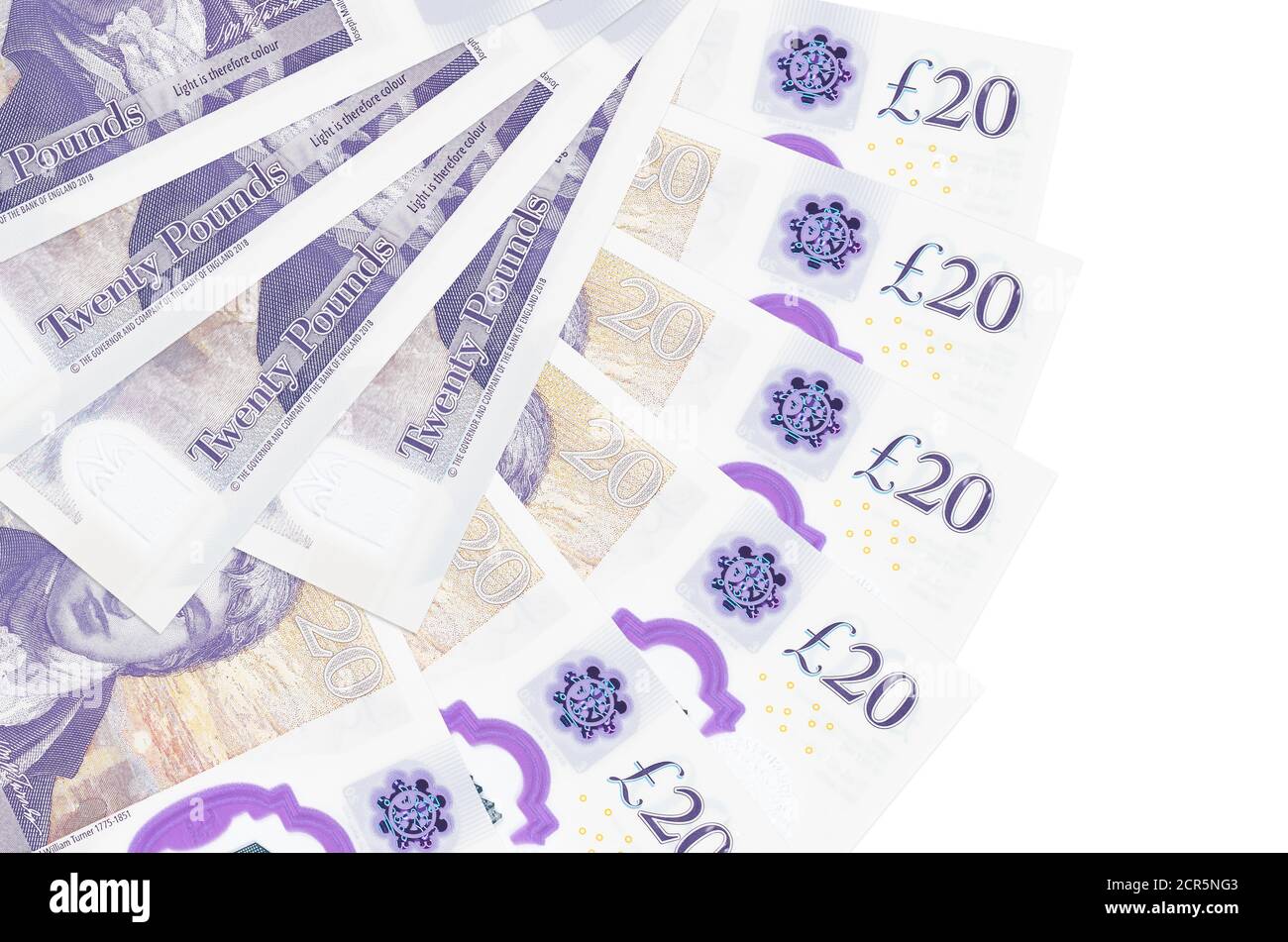 20 British pounds bills lies isolated on white background with copy ...