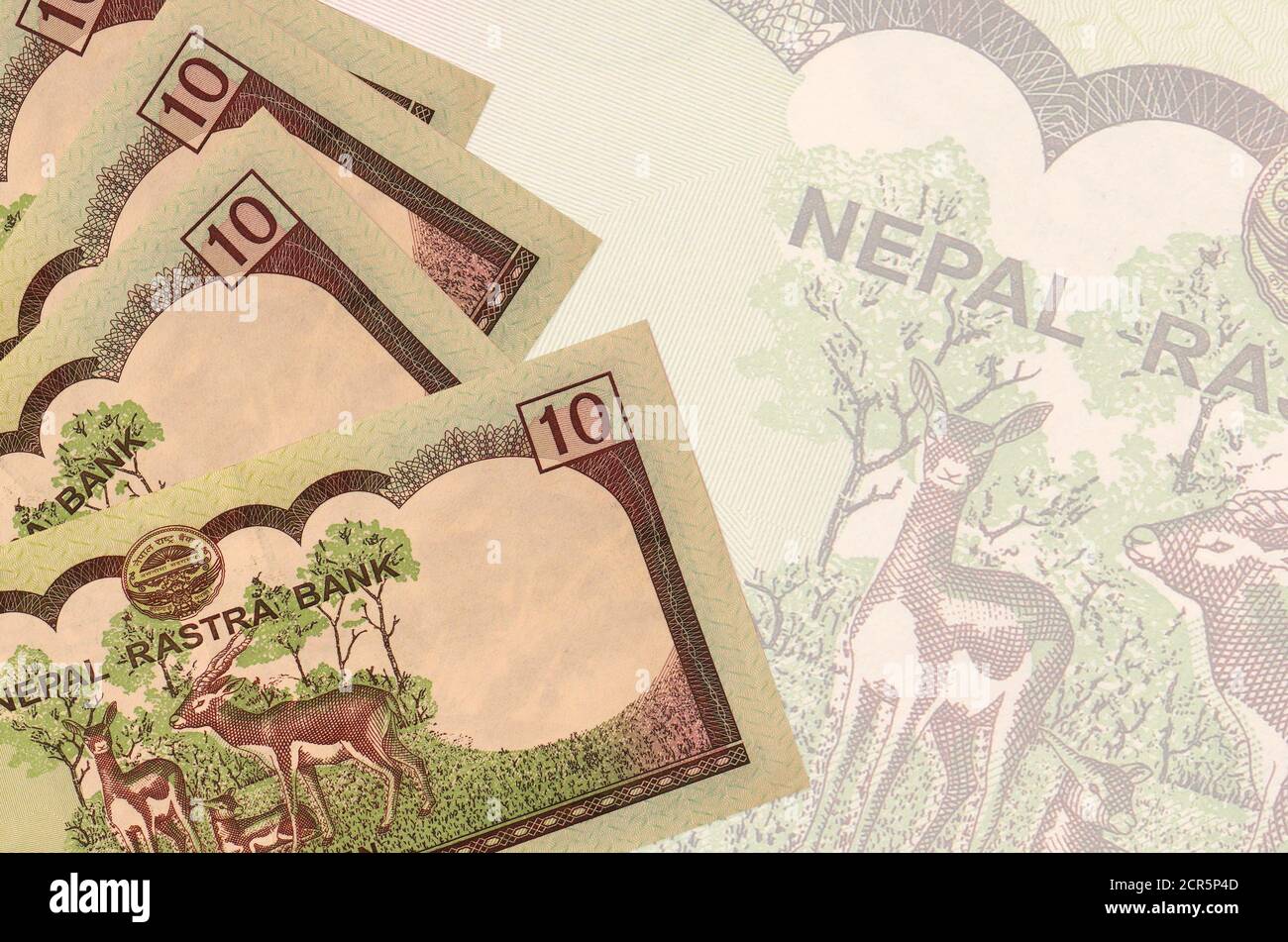 10 Nepalese rupees bills lies in stack on background of big semi ...