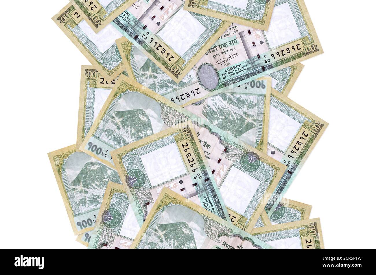 100 Nepalese rupees bills flying down isolated on white. Many banknotes ...