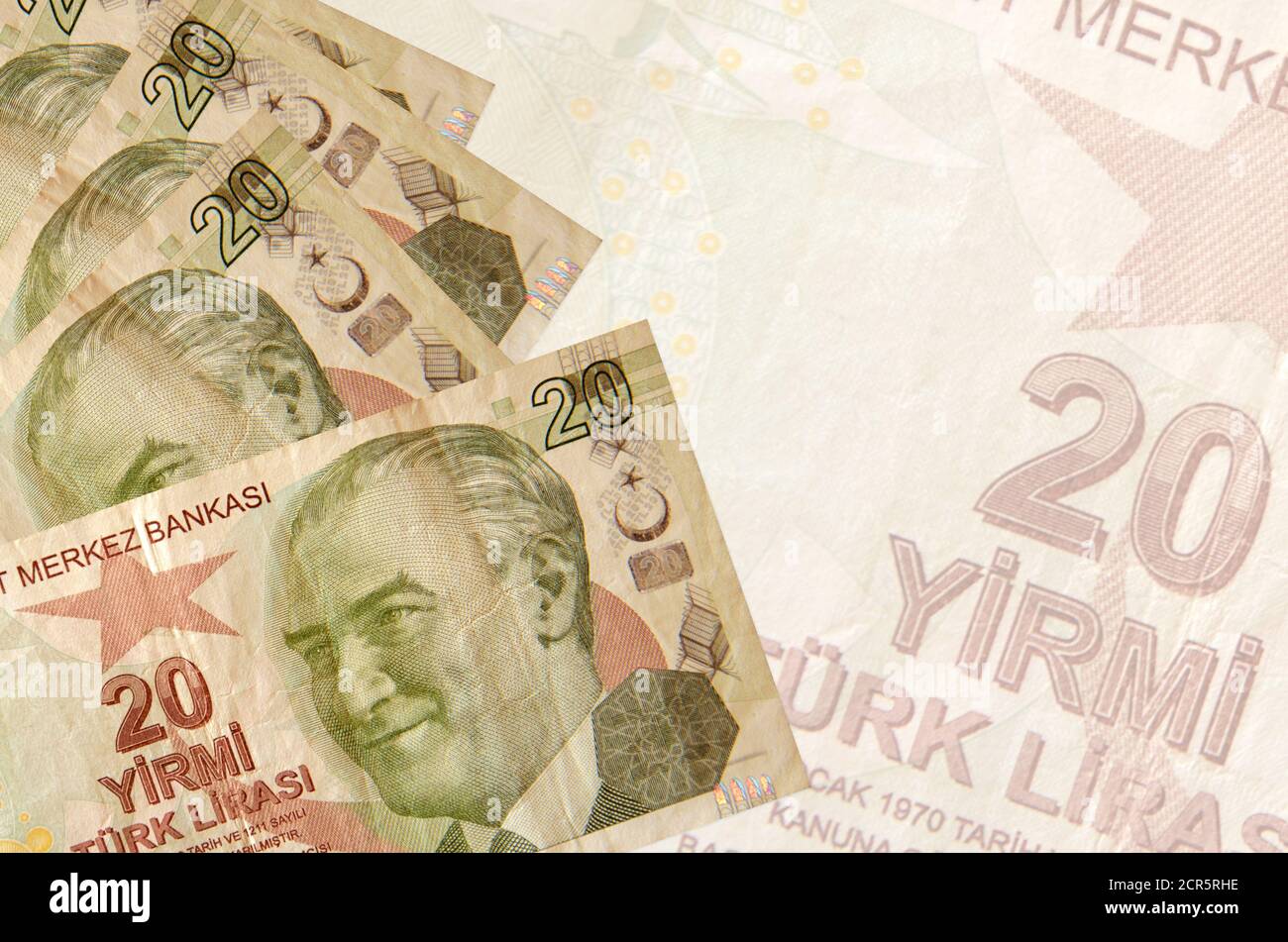 20 Turkish liras bills lies in stack on background of big semi ...