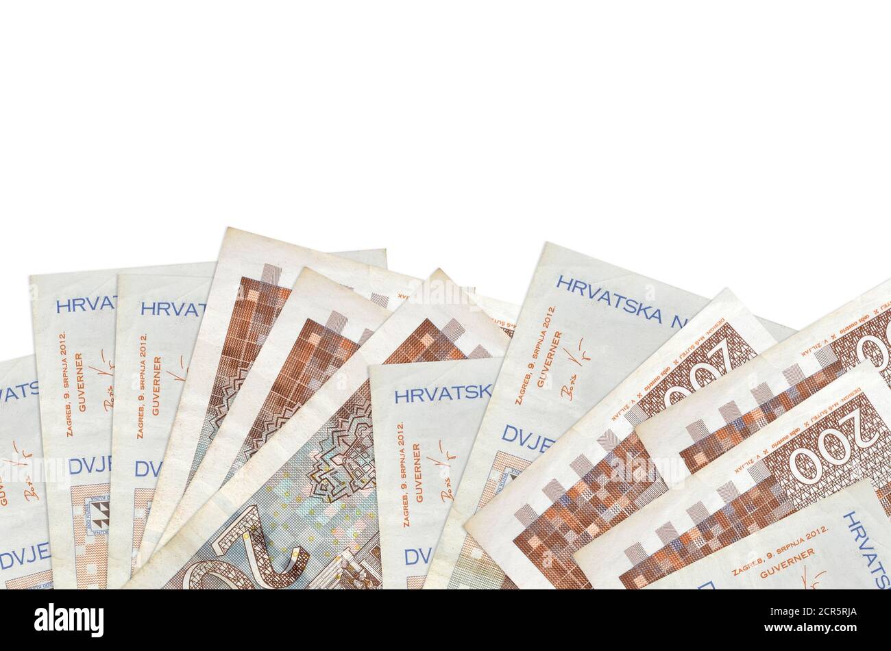 200 Croatian kuna bills lies on bottom side of screen isolated on white ...