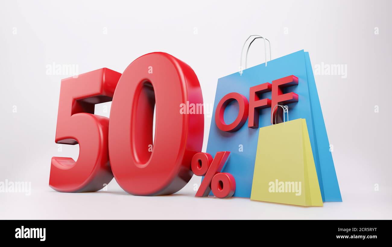 50% symbol with shopping bag , 3D render isolated background Stock ...