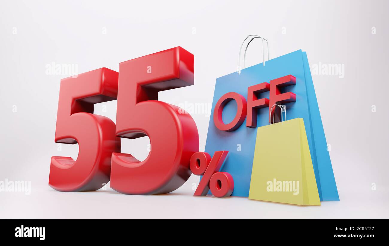 55% symbol with shopping bag , 3D render isolated background Stock ...