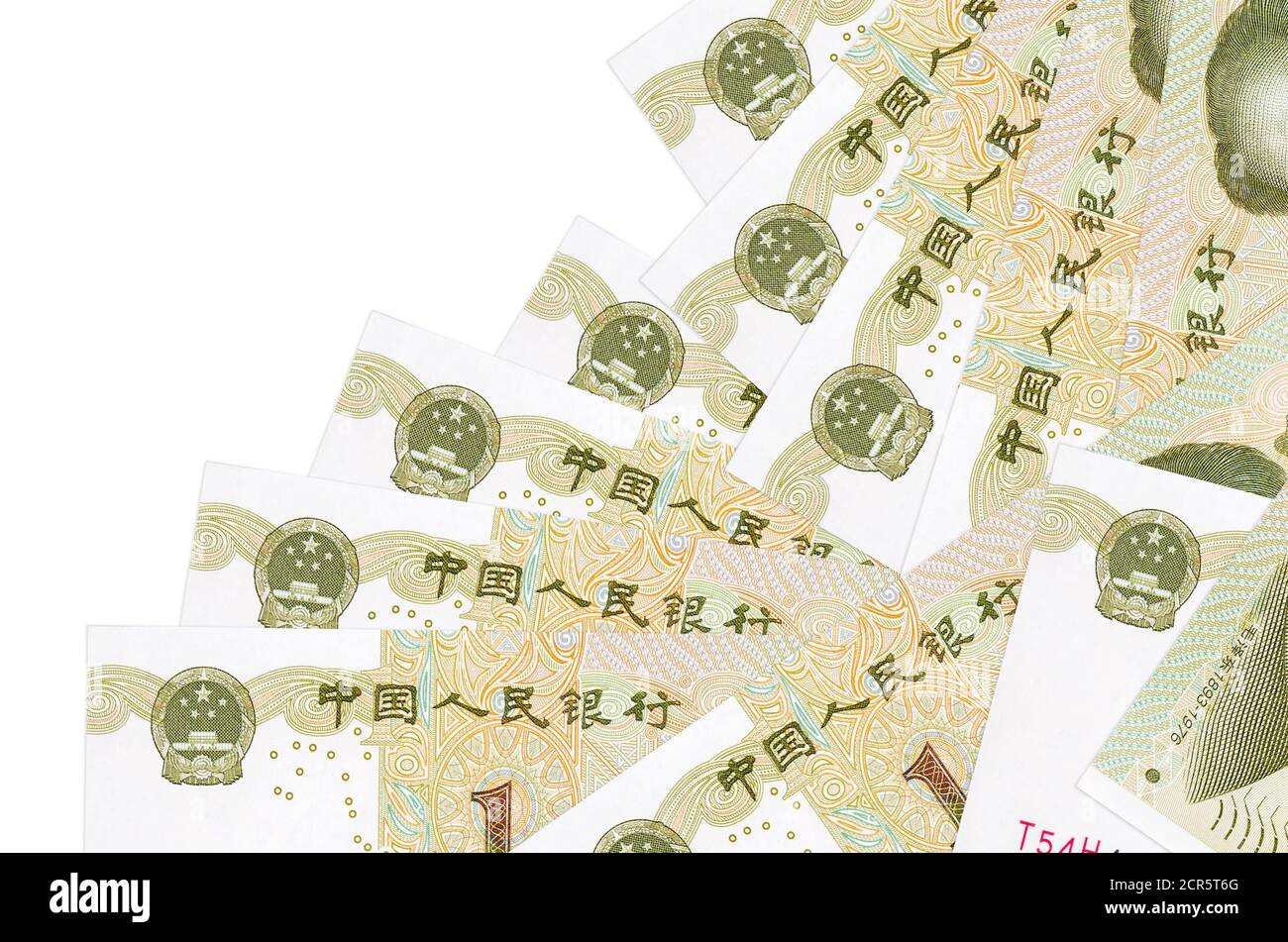1 Chinese yuan bills lies in different order isolated on white. Local ...