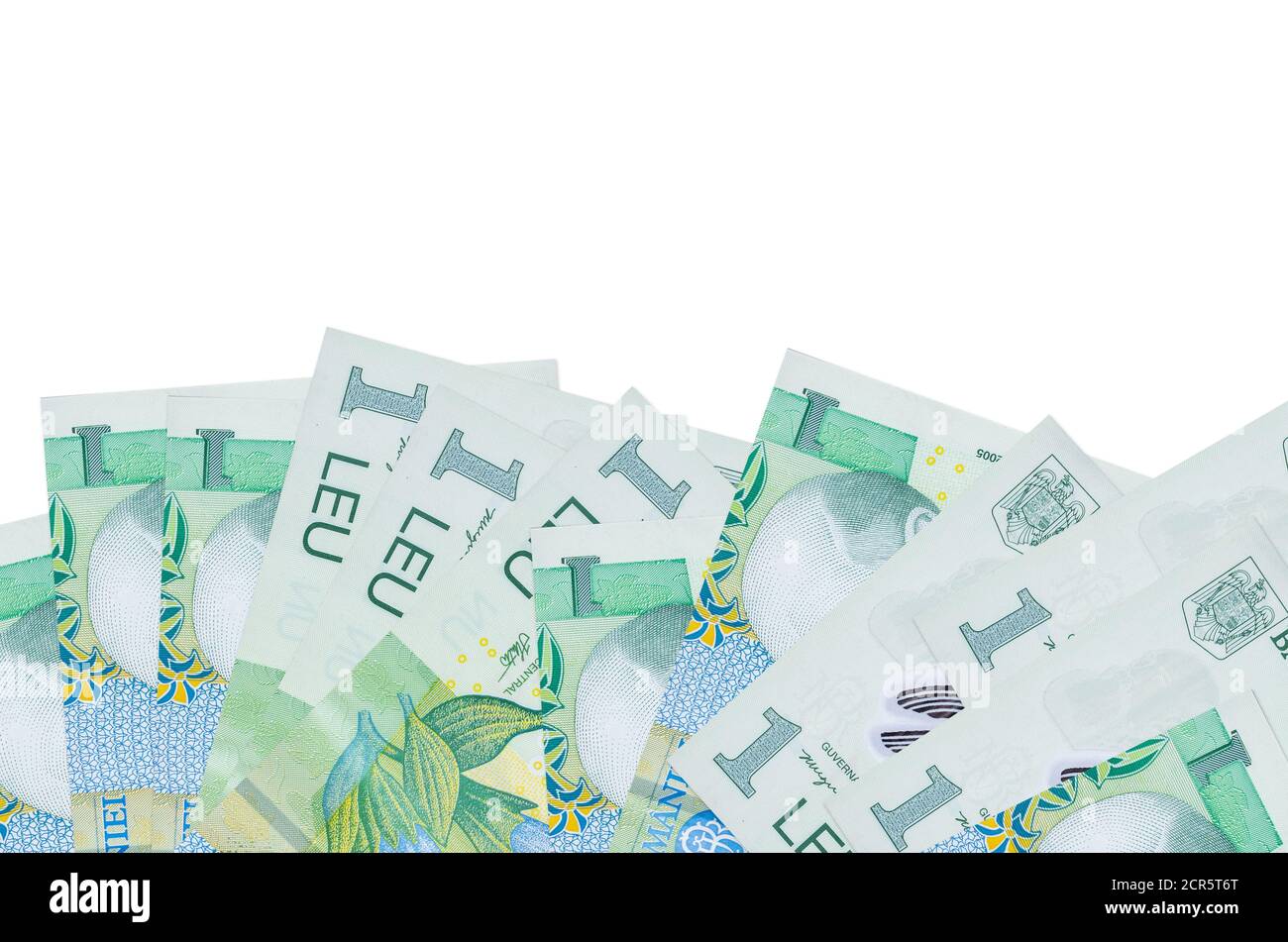 1 Romanian leu bills lies on bottom side of screen isolated on white ...