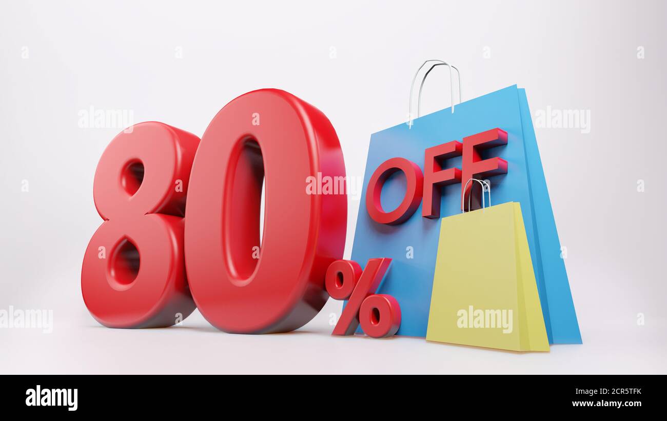 80% symbol with shopping bag , 3D render isolated background Stock ...