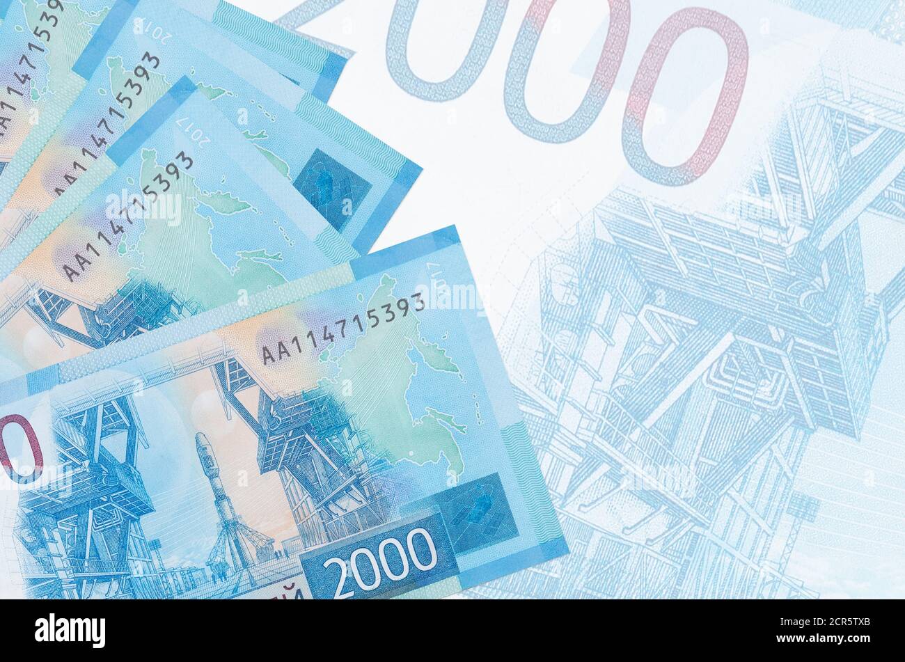 2000 russian rubles bills lies in stack on background of big semi ...