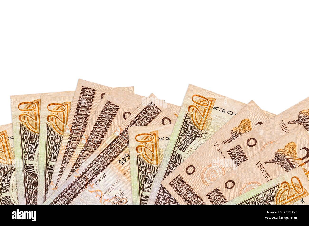 20 Dominican peso bills lies on bottom side of screen isolated on white ...