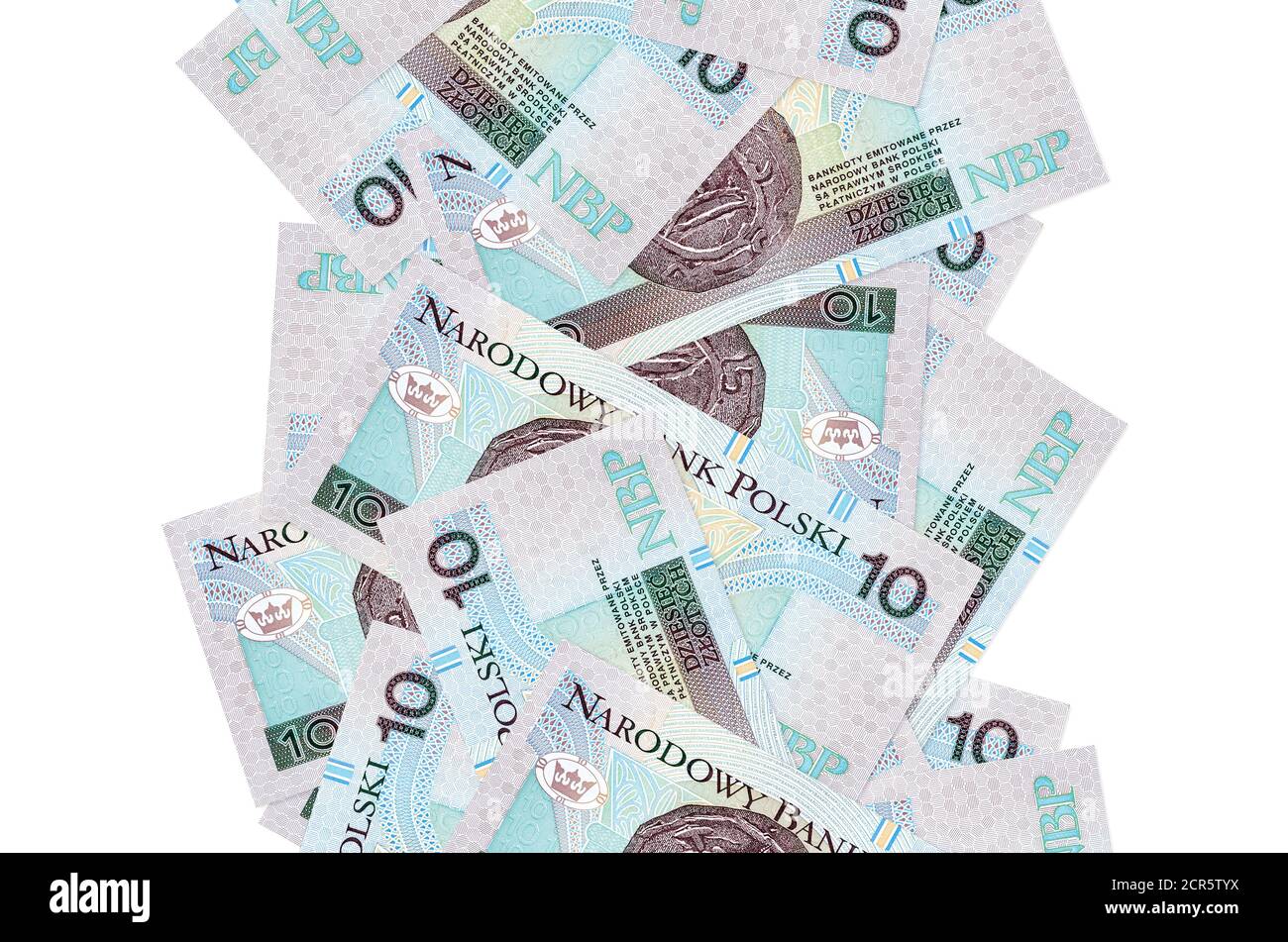 10 Polish zloty bills flying down isolated on white. Many banknotes ...