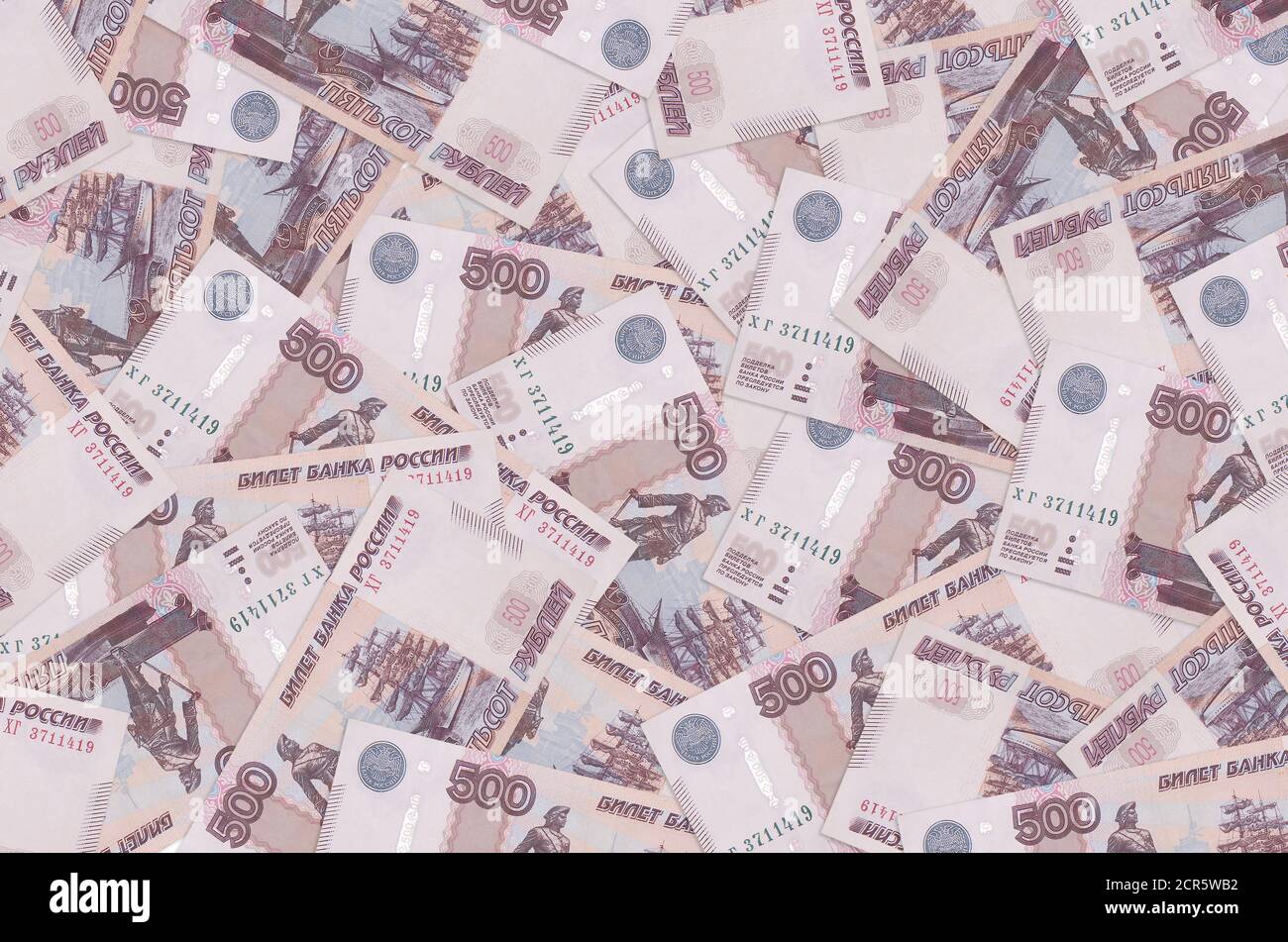 500 russian rubles bills lies in big pile. Rich life conceptual ...