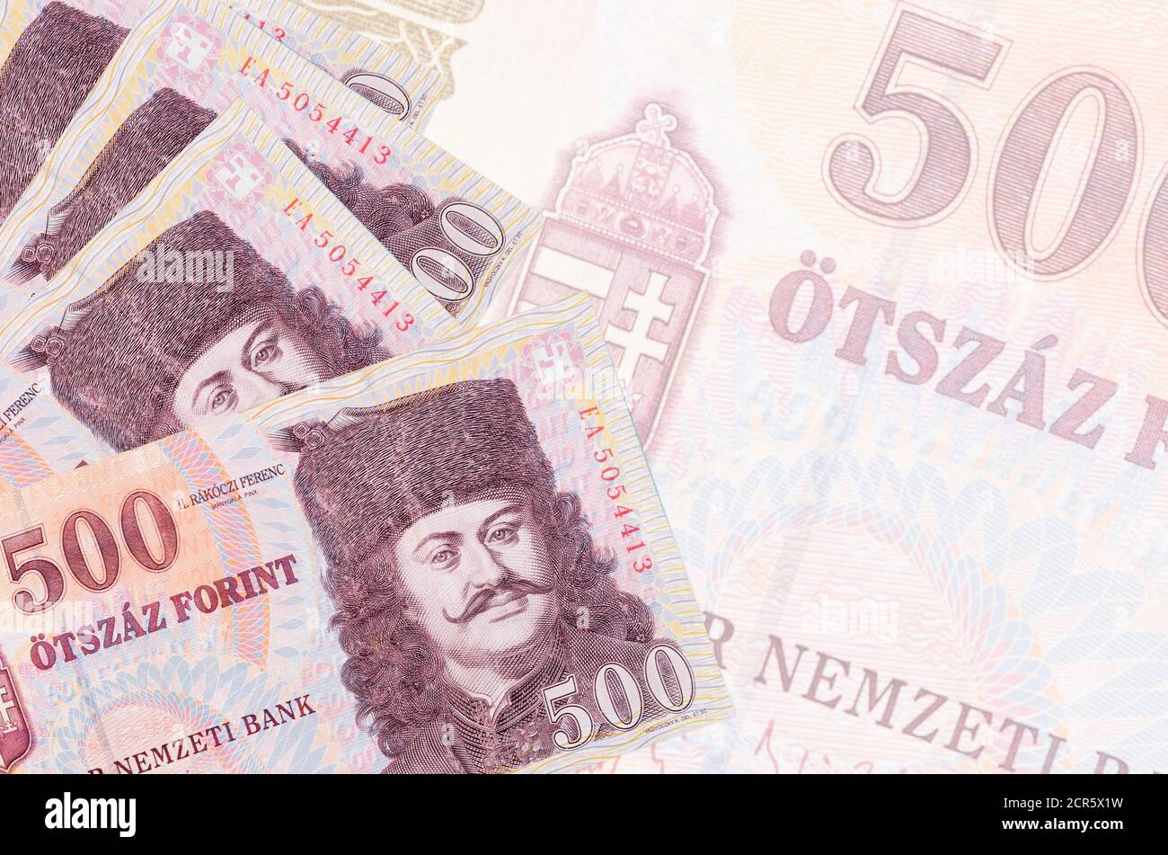 500 Hungarian forint bills lies in stack on background of big semi ...