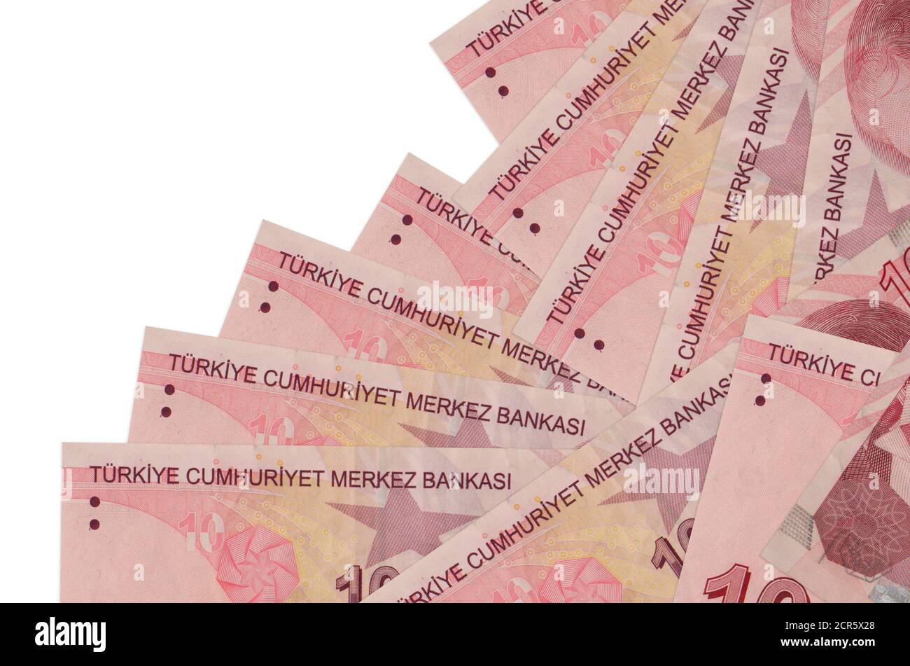10 Turkish liras bills lies in different order isolated on white. Local ...