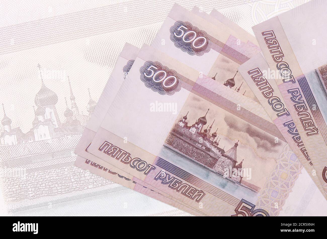 500 russian rubles bills lies in stack on background of big semi ...