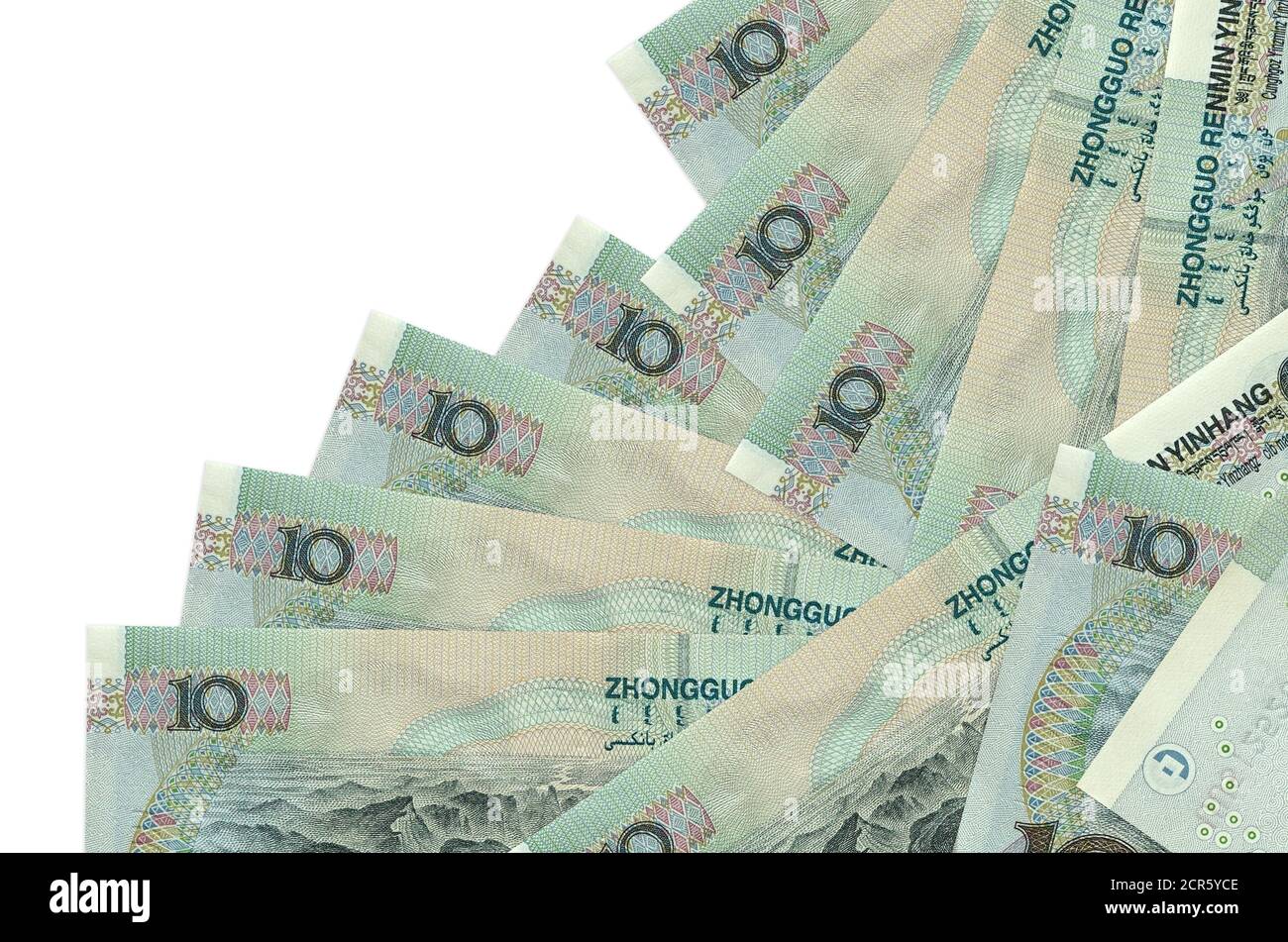 10 Chinese yuan bills lies in different order isolated on white. Local ...
