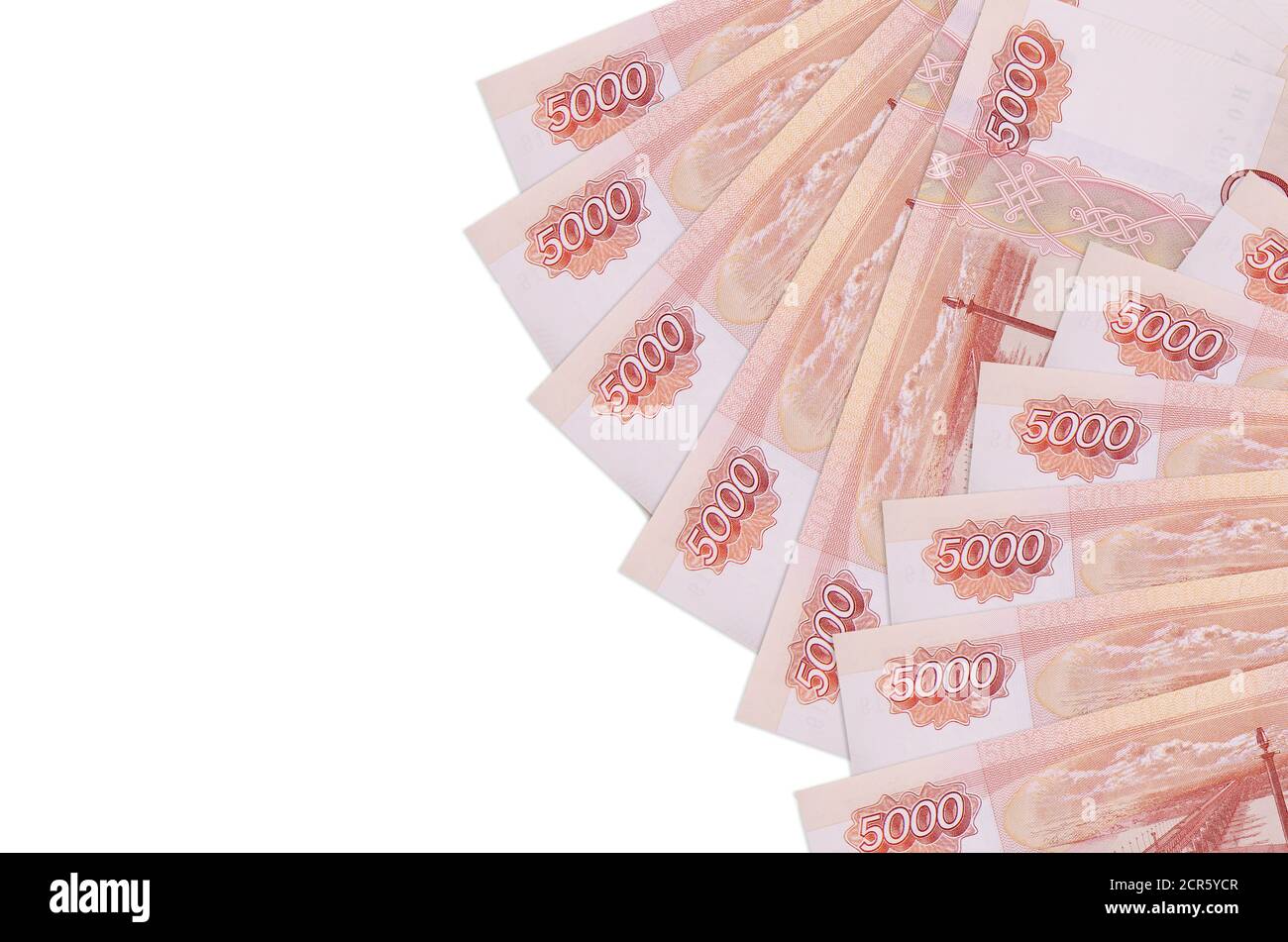 5000 russian rubles bills lies isolated on white background with copy ...