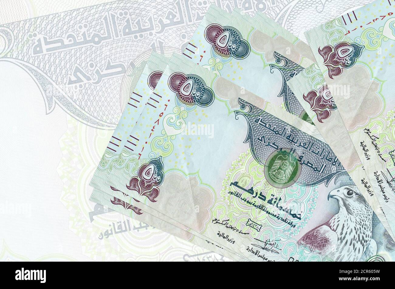 500 UAE dirhams bills lies in stack on background of big semi ...