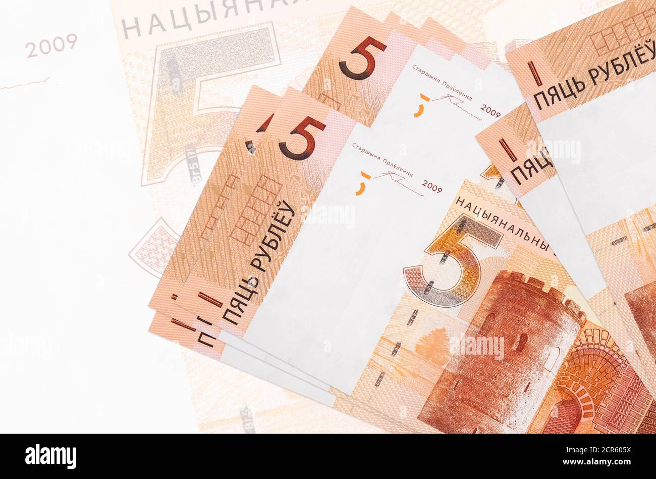 5 Belorussian rubles bills lies in stack on background of big semi ...
