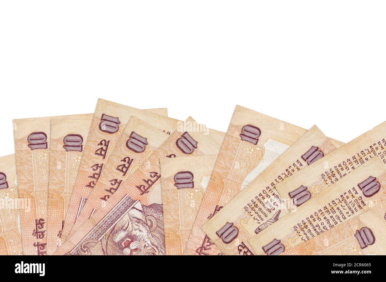 10 Indian rupees bills lies on bottom side of screen isolated on white ...