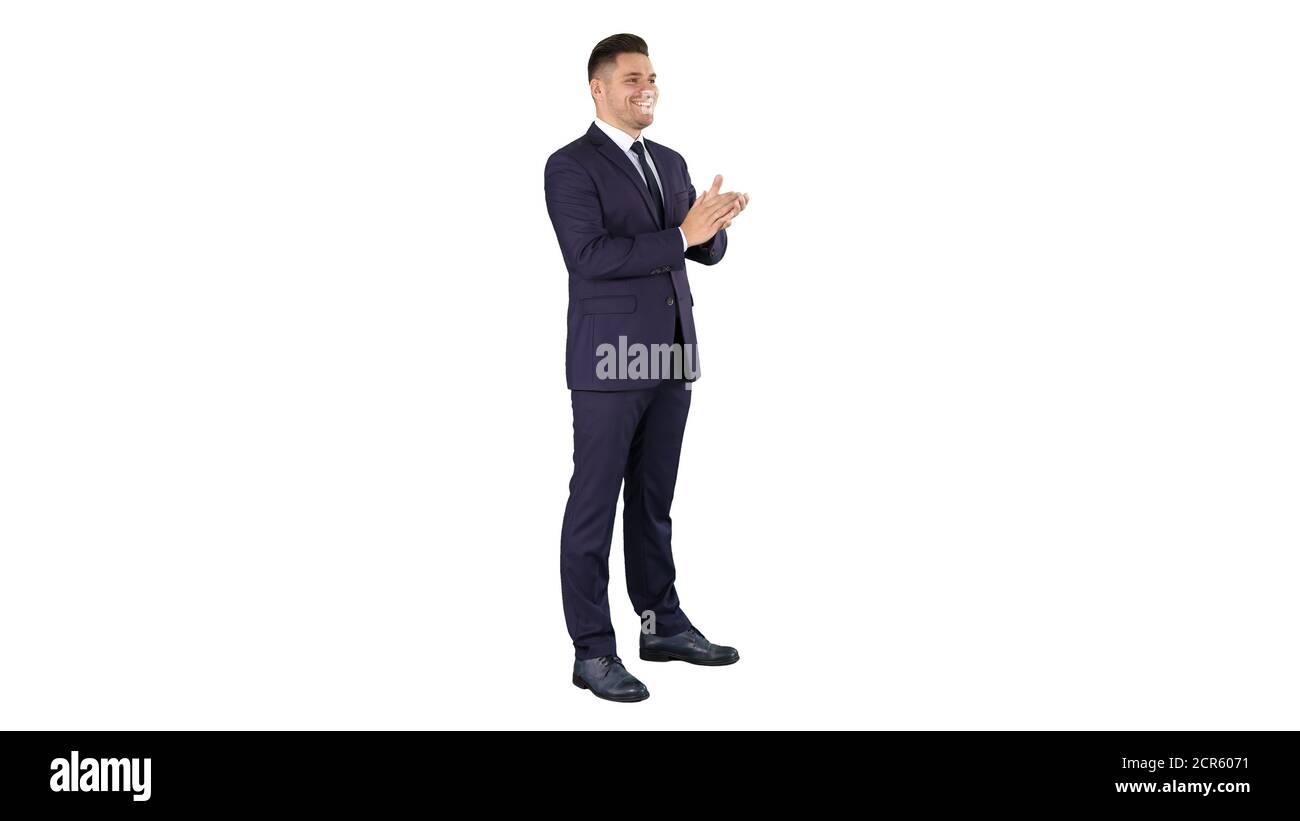 Businesses man applauding on white background Stock Photo - Alamy