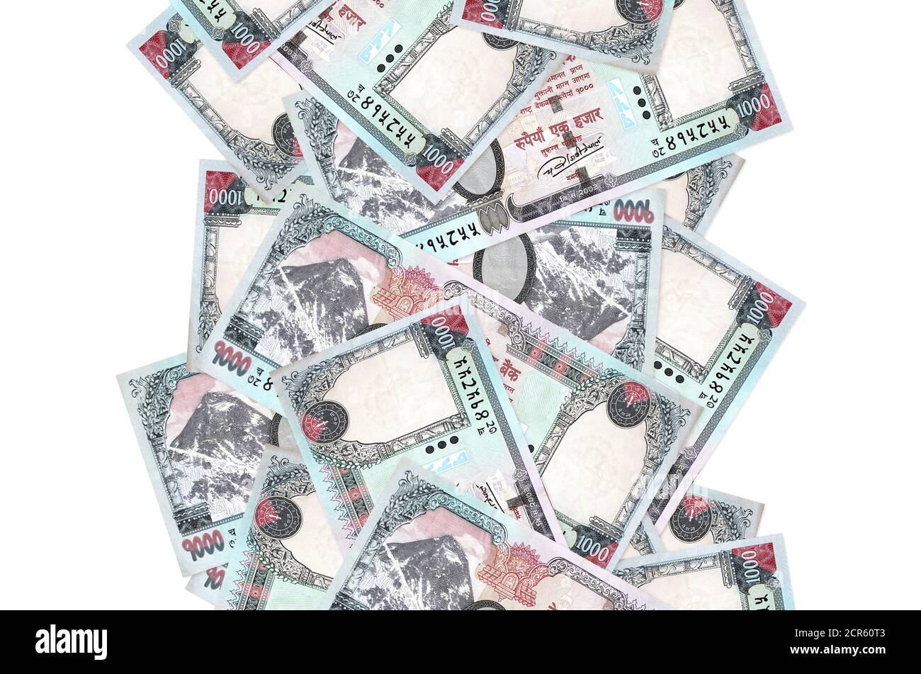 1000 Nepalese rupees bills flying down isolated on white. Many ...