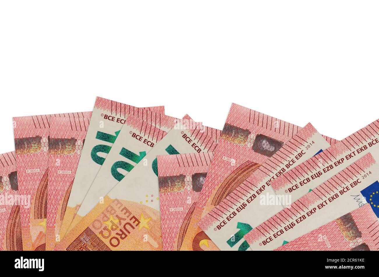 10 euro bills lies on bottom side of screen isolated on white ...