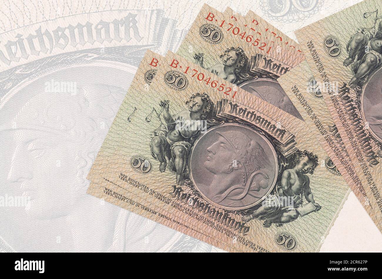 50 Reich marks bills lies in stack on background of big semi ...