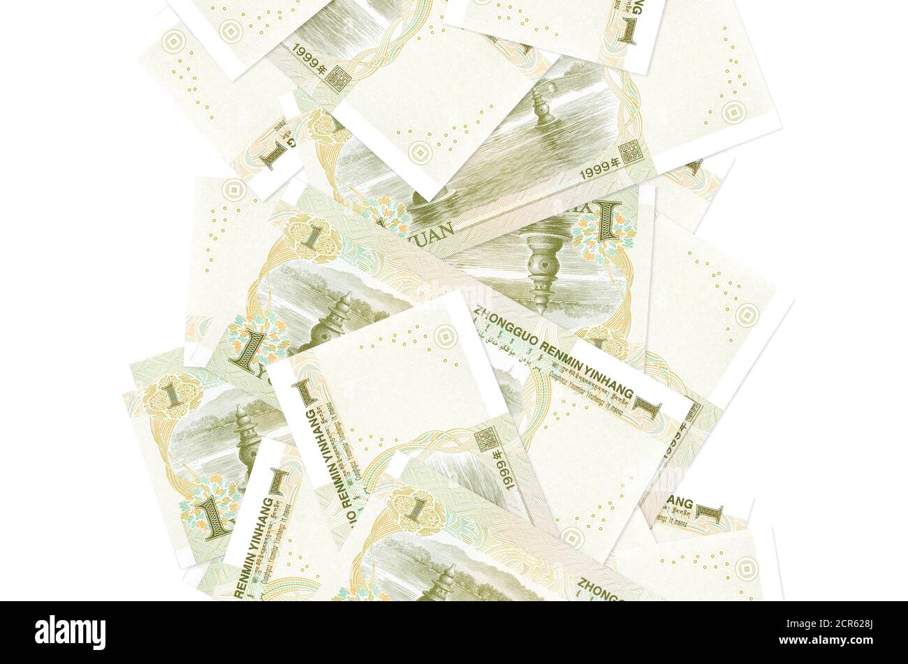 1 Chinese yuan bills flying down isolated on white. Many banknotes ...