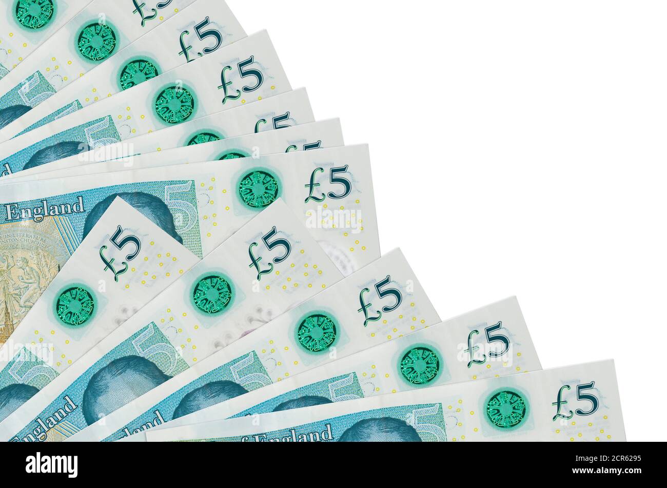 5 British pounds bills lies isolated on white background with copy ...