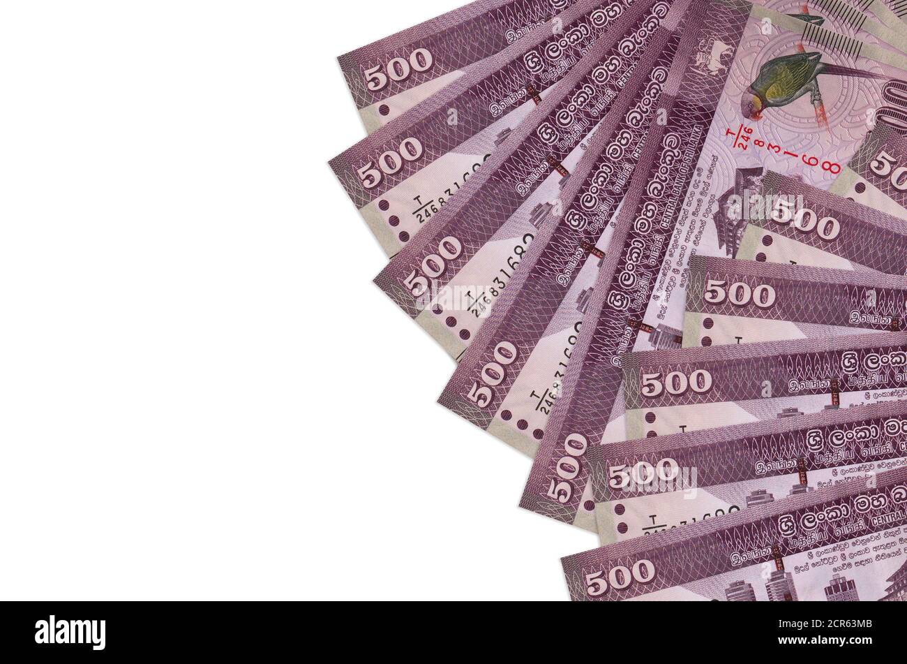 500 Sri Lankan rupees bills lies isolated on white background with copy ...