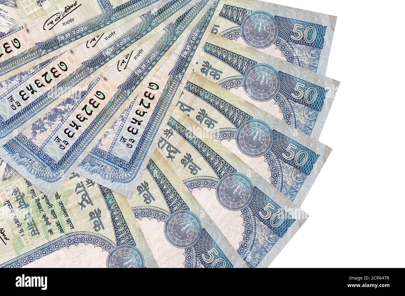 50 Nepalese rupees bills lies isolated on white background with copy ...