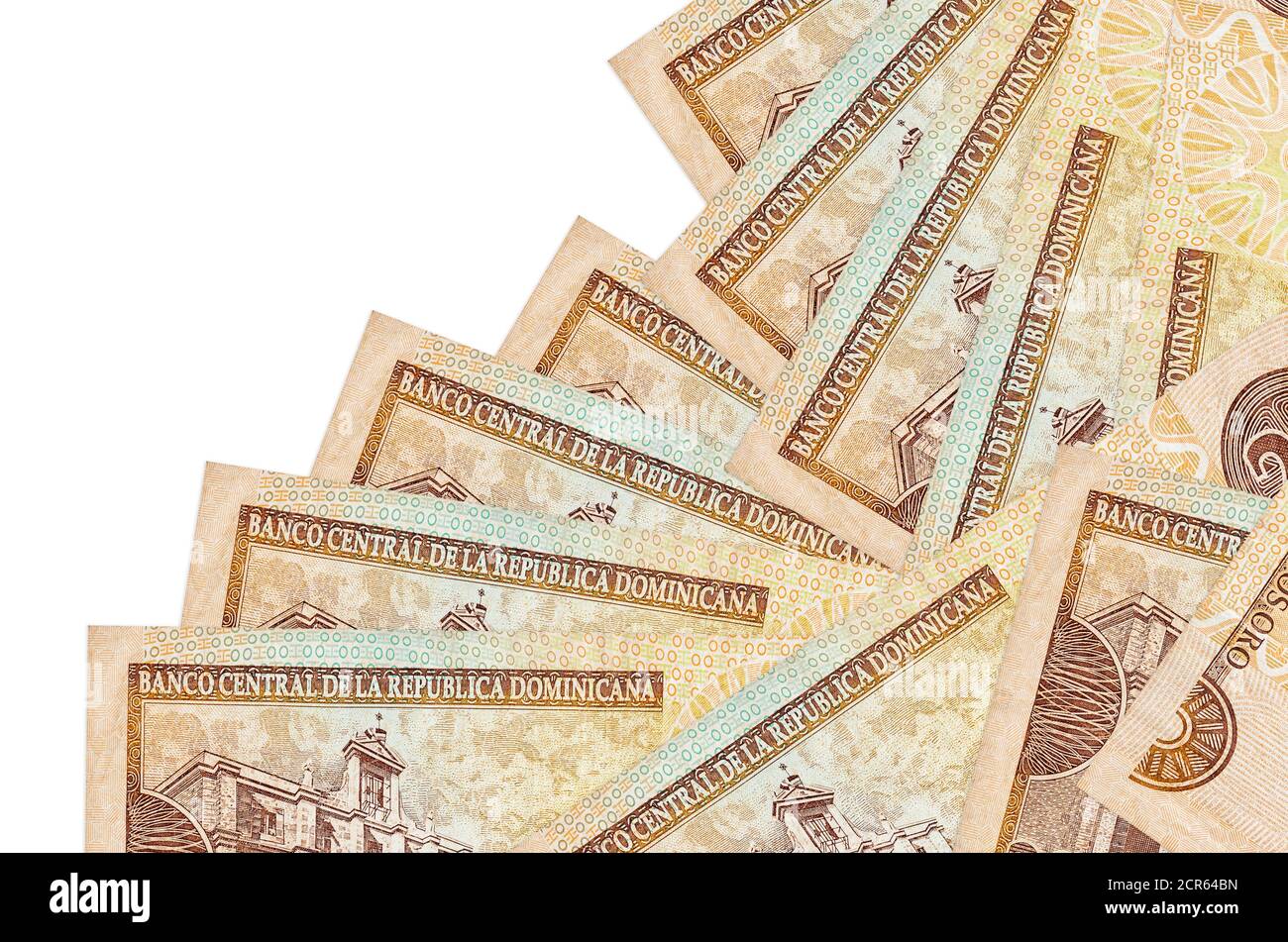 20 Dominican peso bills lies in different order isolated on white ...