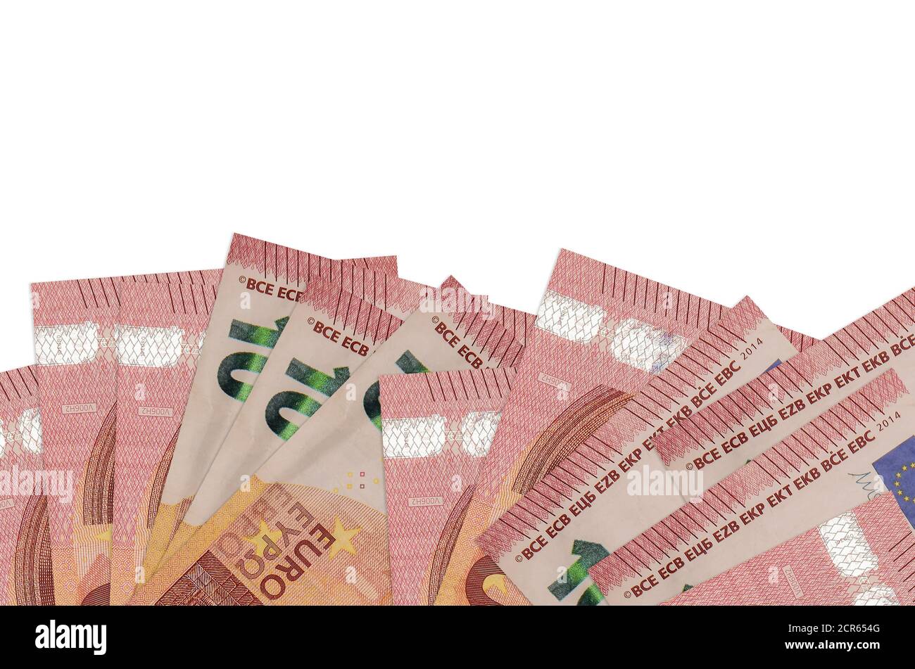 10 euro bills lies on bottom side of screen isolated on white ...