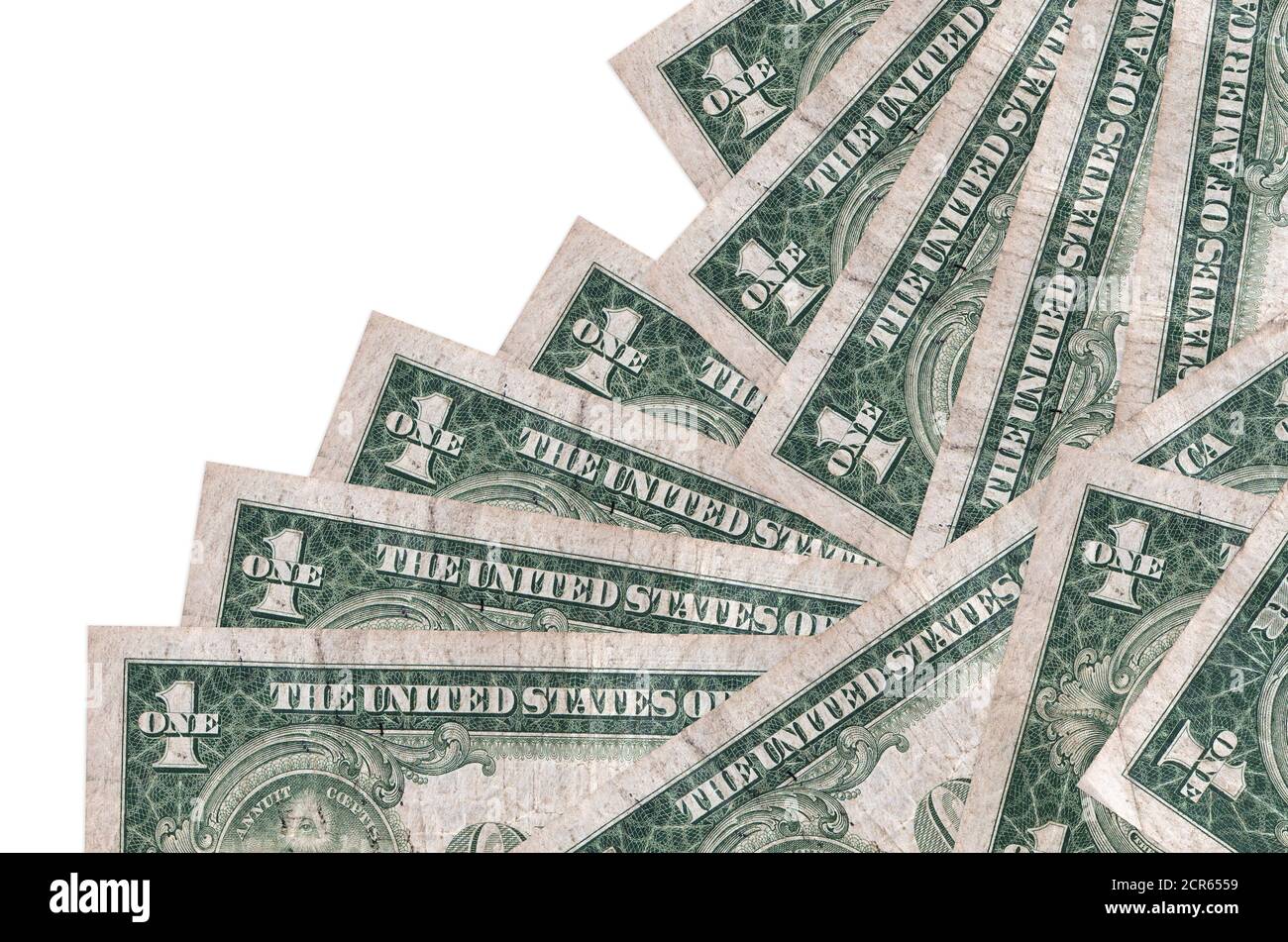 1 US dollar bills lies in different order isolated on white. Local banking or money making ...