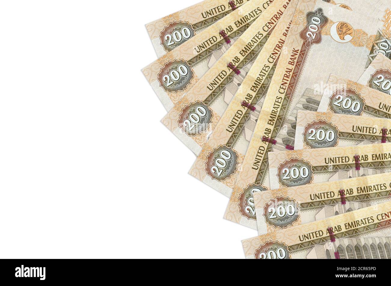 200 UAE dirhams bills lies isolated on white background with copy space ...