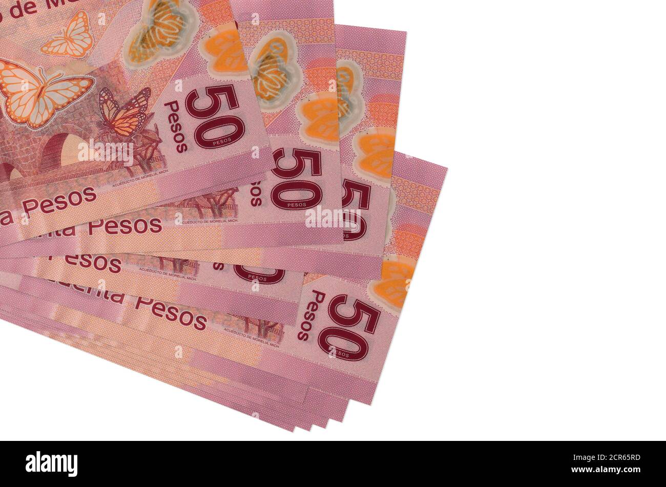 50 Mexican pesos bills lies in small bunch or pack isolated on white ...