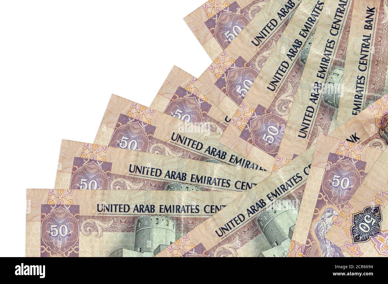 50 UAE dirhams bills lies in different order isolated on white. Local ...