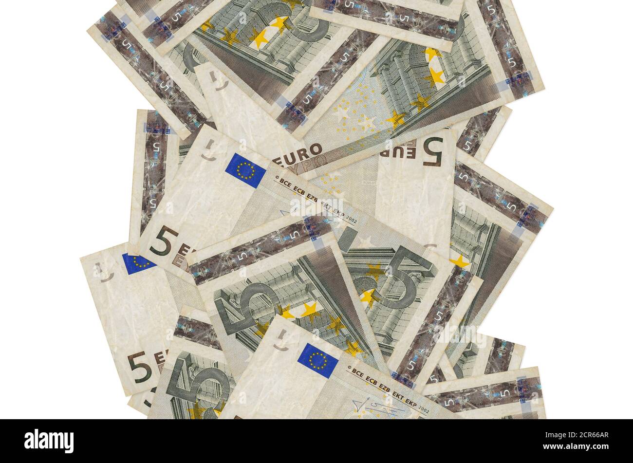 5 euro bills flying down isolated on white. Many banknotes falling with ...