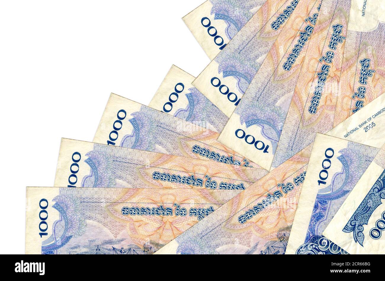 1000 Cambodian riels bills lies in different order isolated on white ...
