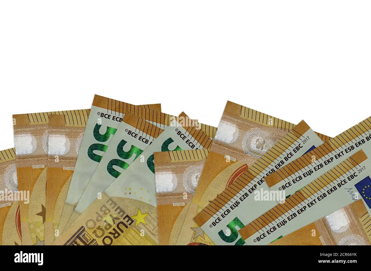 50 euro bills lies on bottom side of screen isolated on white ...