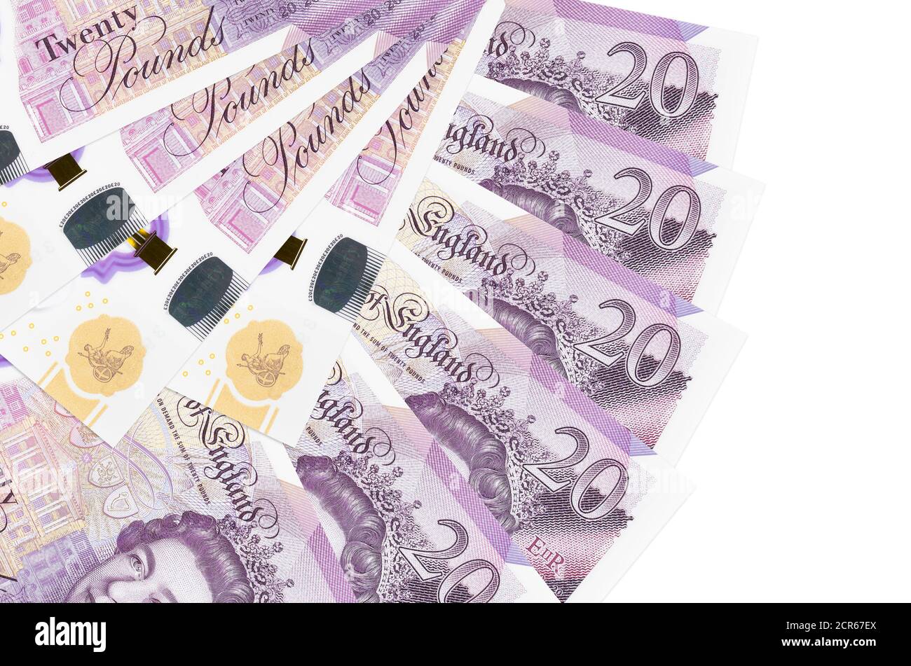 20 British pounds bills lies isolated on white background with copy ...